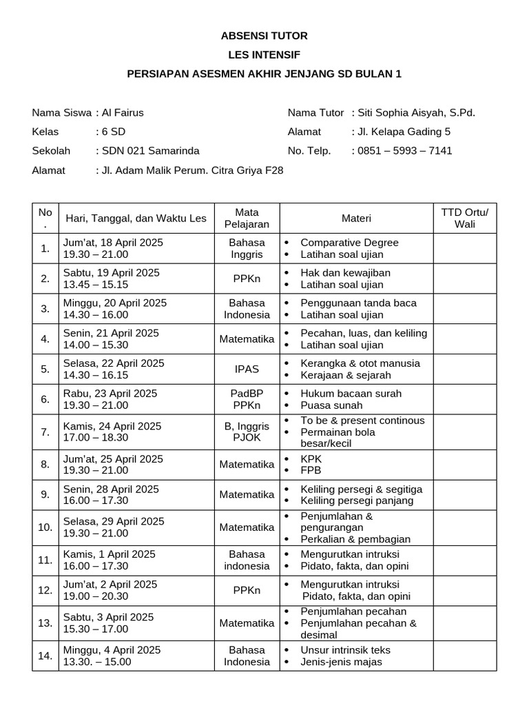 ABSENSI LES INTENSIF | PDF