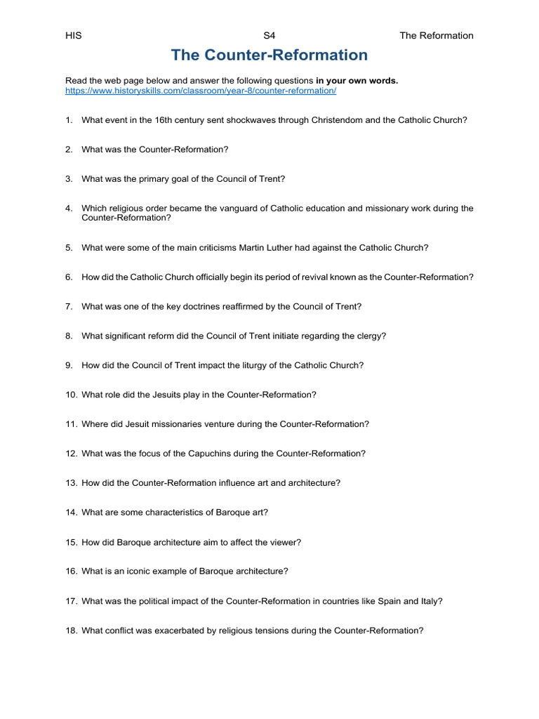 Counter Reformation Reading Questions | PDF