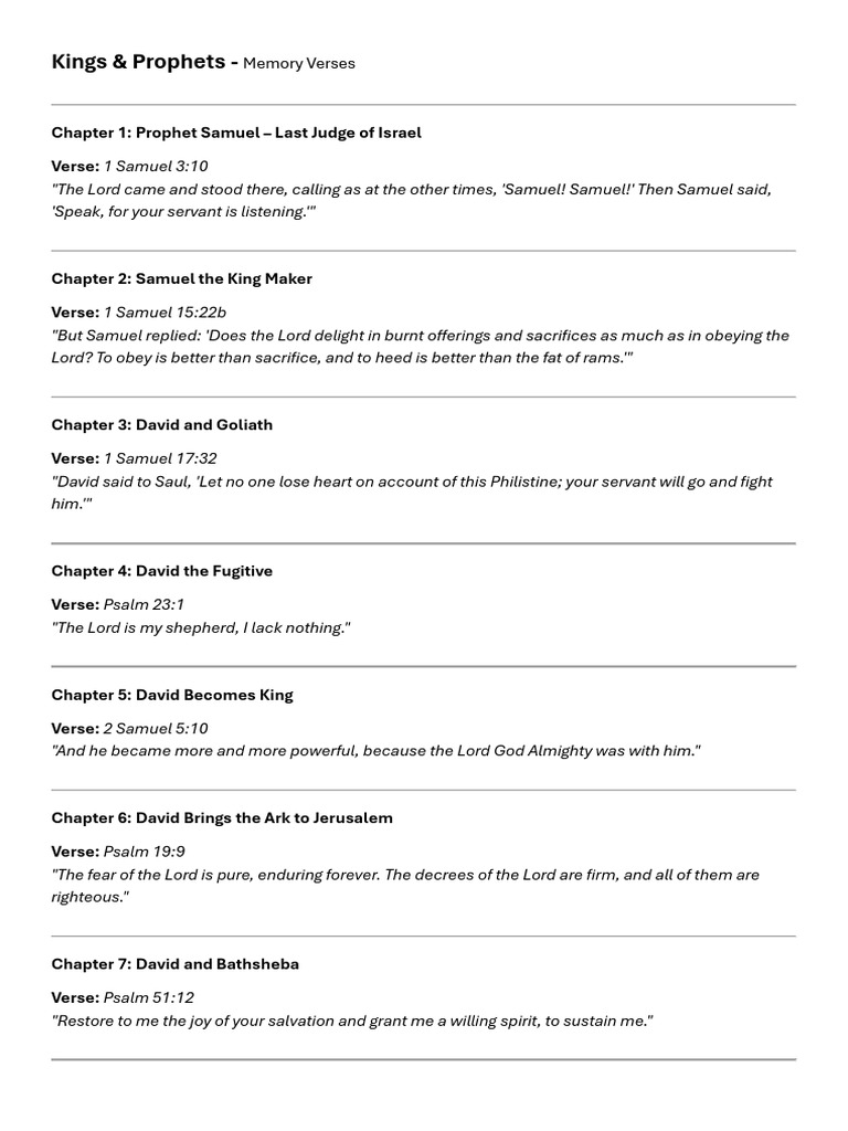 Kings and Prophets - Memory Verses Ch1-18 | PDF | Books Of Samuel | David