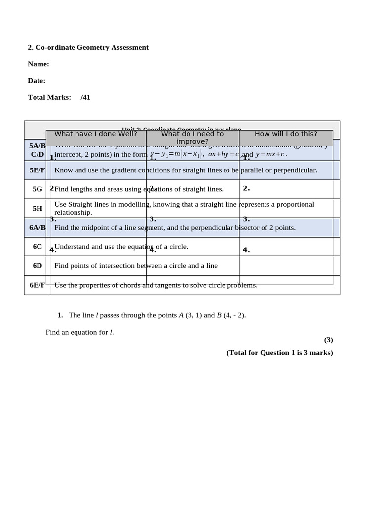Level 2 Coordinate Geometry Assessment | PDF | Line (Geometry) | Circle