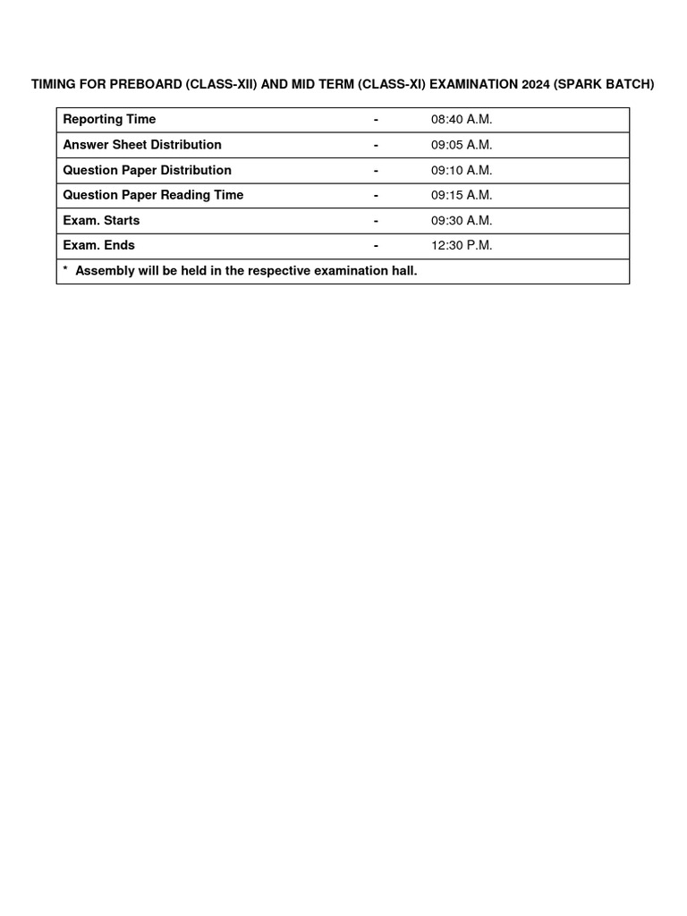Timing for Preboard (Class-xii) and Mid Term (Class-xi) Examination 2024 (Spark Batch) | PDF