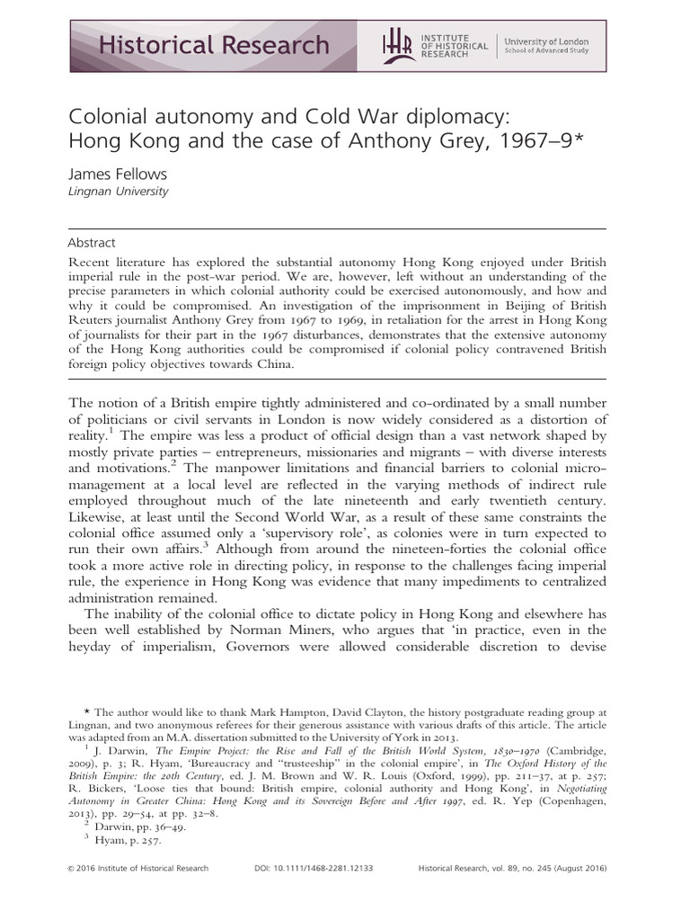 Colonial Autonomy and Cold War Diplomacy Hong Kong and The Case of ...