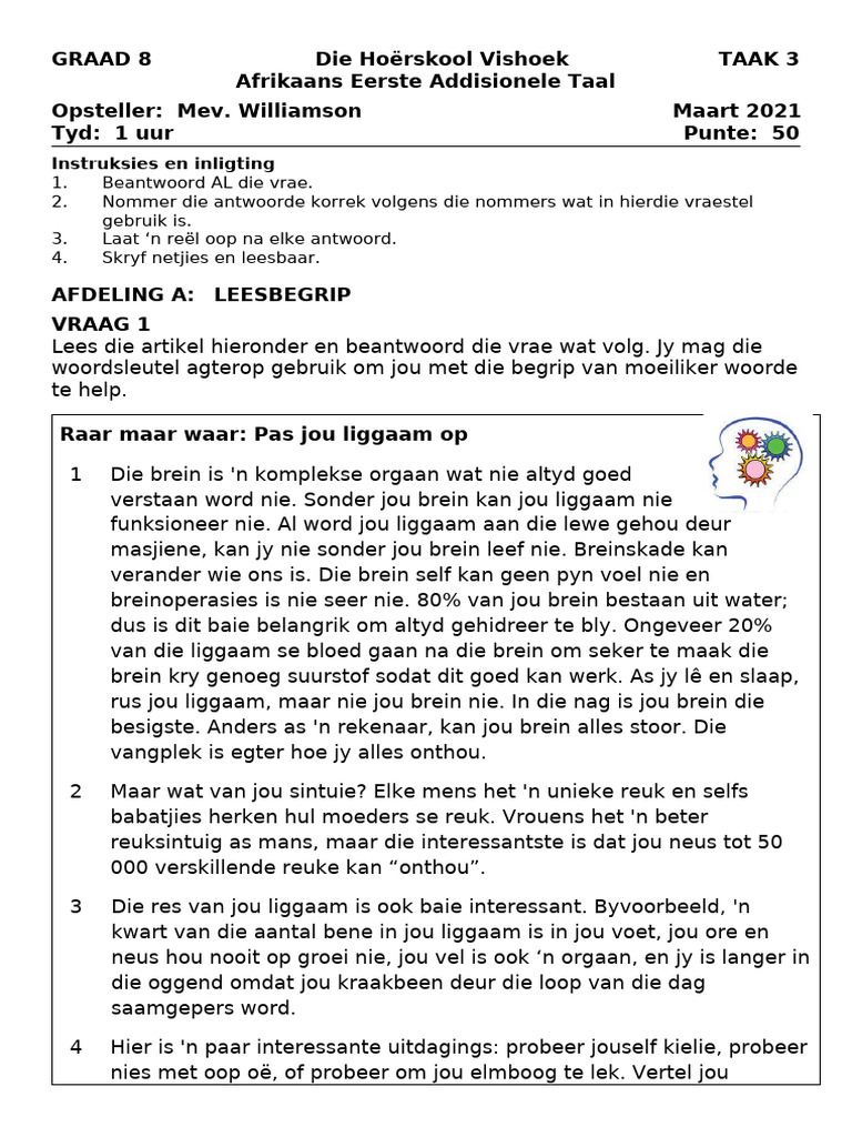 2021 Graad 8 Taak 3 Begripstoets en Taal | PDF
