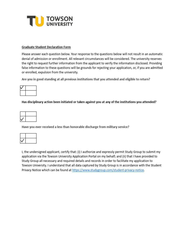 Towson - Graduate Student Declaration Form | PDF
