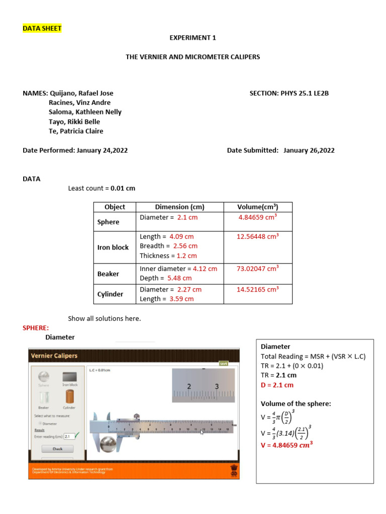 G6 - E2B - Experiment 1 The Vernier and Micrometer Calipers 3 | PDF ...