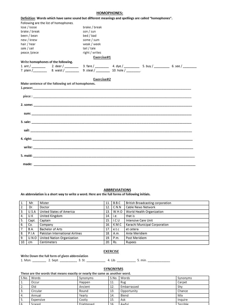 Homophones, Synonyms, and Antonyms Guide | PDF
