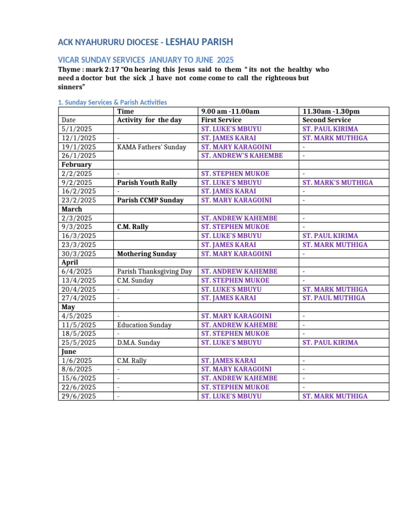 Leshau Parish Services Calendar 2025 | PDF