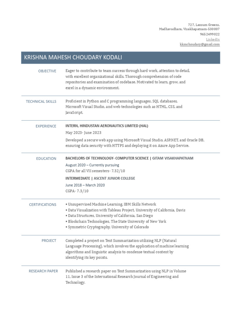 Krishna Mahesh Choudary Kodali - Resume | PDF | Computer Programming | Computer Science