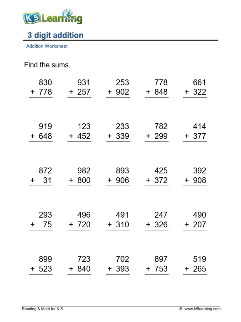 Vertical Addition Worksheets for Grade 3 | PDF