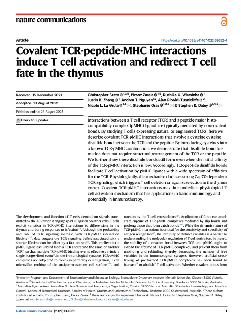 Covalent TCR-peptide-MHC Interactions Induce T Cell Activation and ...