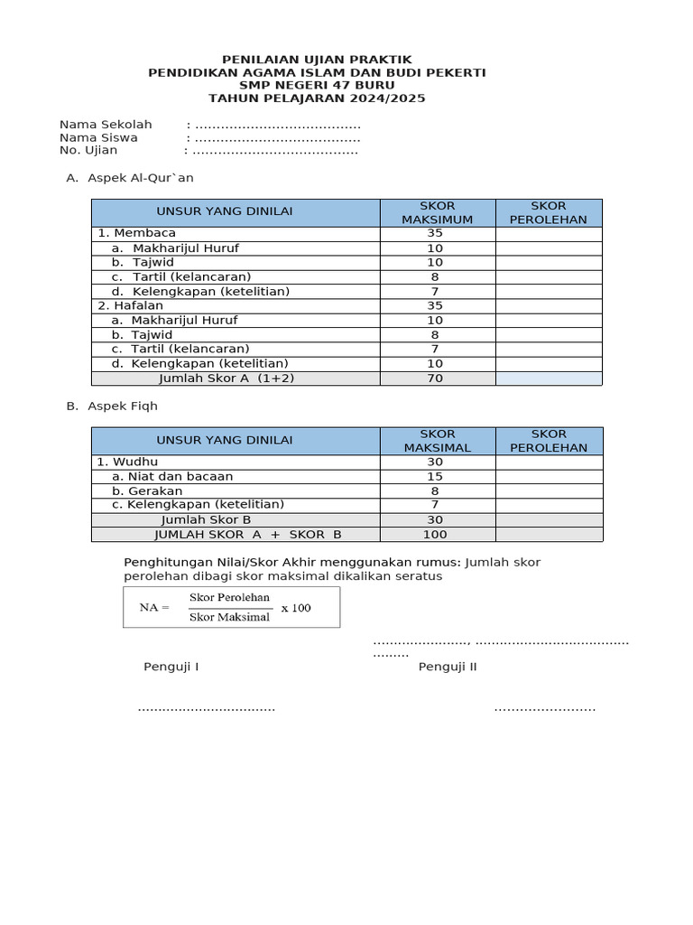 Format Penilaian Ujian Praktik PAI SMP | PDF