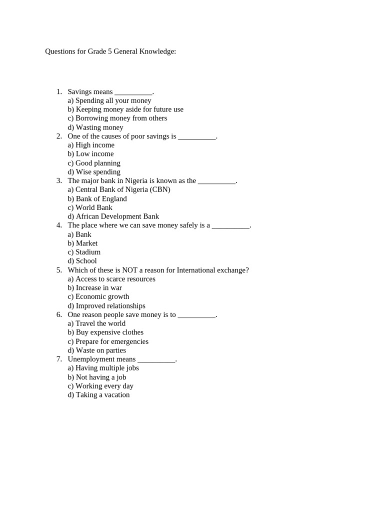 Grade 5 General Knowledge Examination Questions | PDF | Unemployment ...