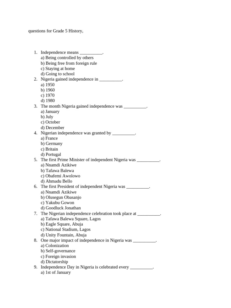 Grade 5 Nigerian History Questions | PDF | Nigeria | Abrahamic Religions