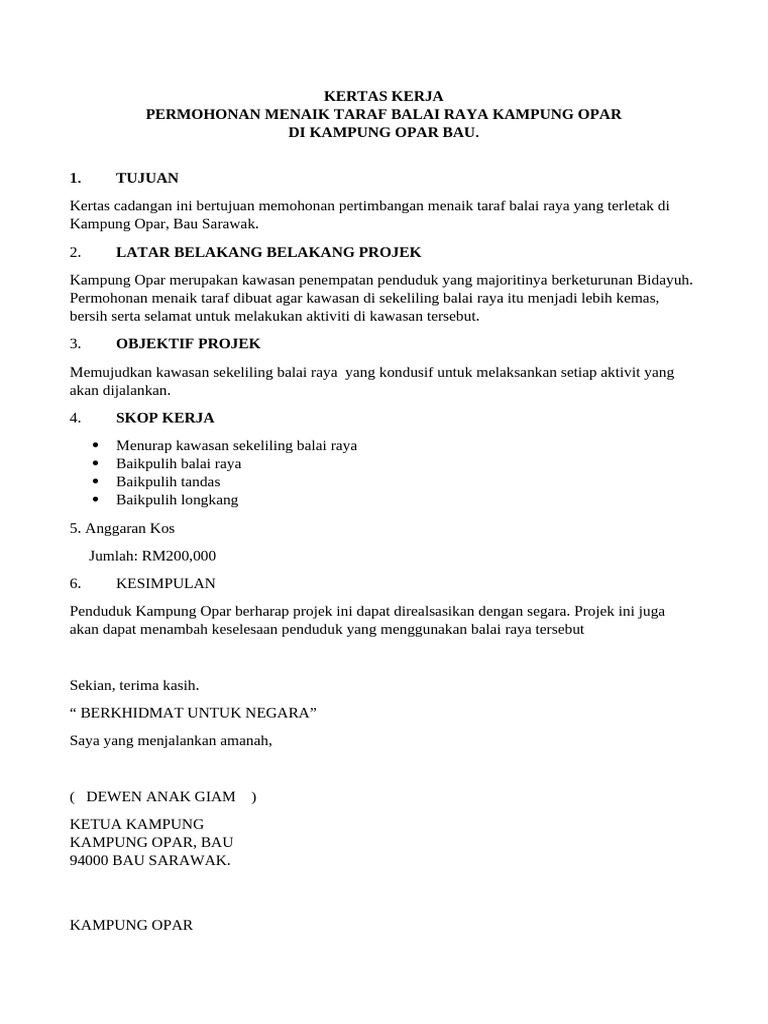 Kertas Kerja Permohonan Menaik Taraf Balai Raya Kampung Opar. | PDF