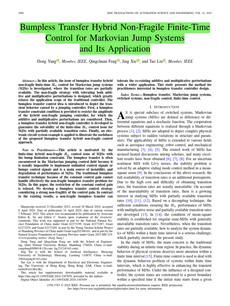Bumpless Transfer Hybrid Non-Fragile Finite-Time Control For Markovian Jump Systems and Its ...