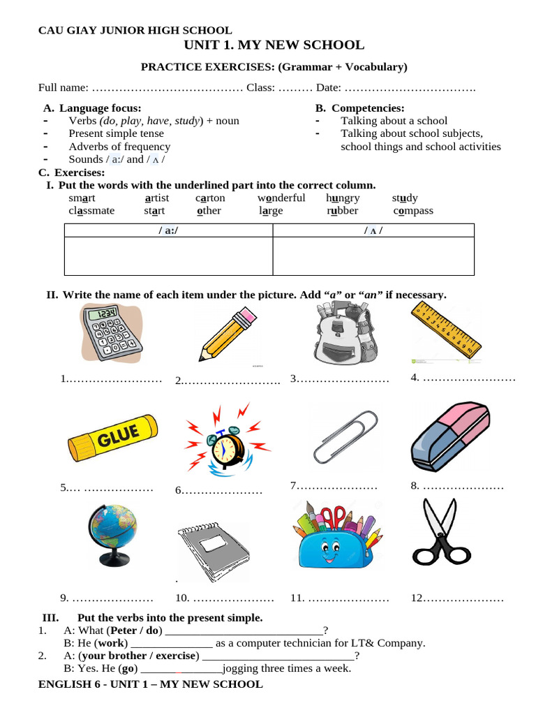 2021 - Unit 1 - My New School - FULL | PDF | Verb | Languages
