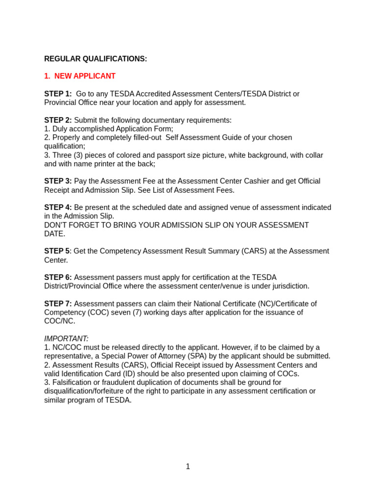 Steps in Application For Nc-Ii Assessment | PDF