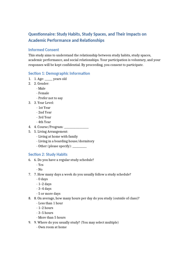 Study Habits Questionnaire | PDF | Psychology | Behavioural Sciences