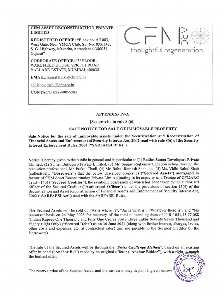 Sale Notice For Physical Auction in Radius Sumer Developers PVT LTD ...