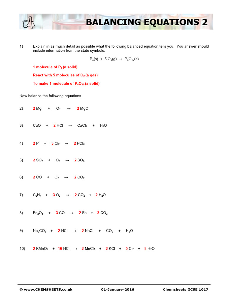 Chemsheets GCSE 1017 (Balancing Equations 2) ANS nvalp 2 | PDF