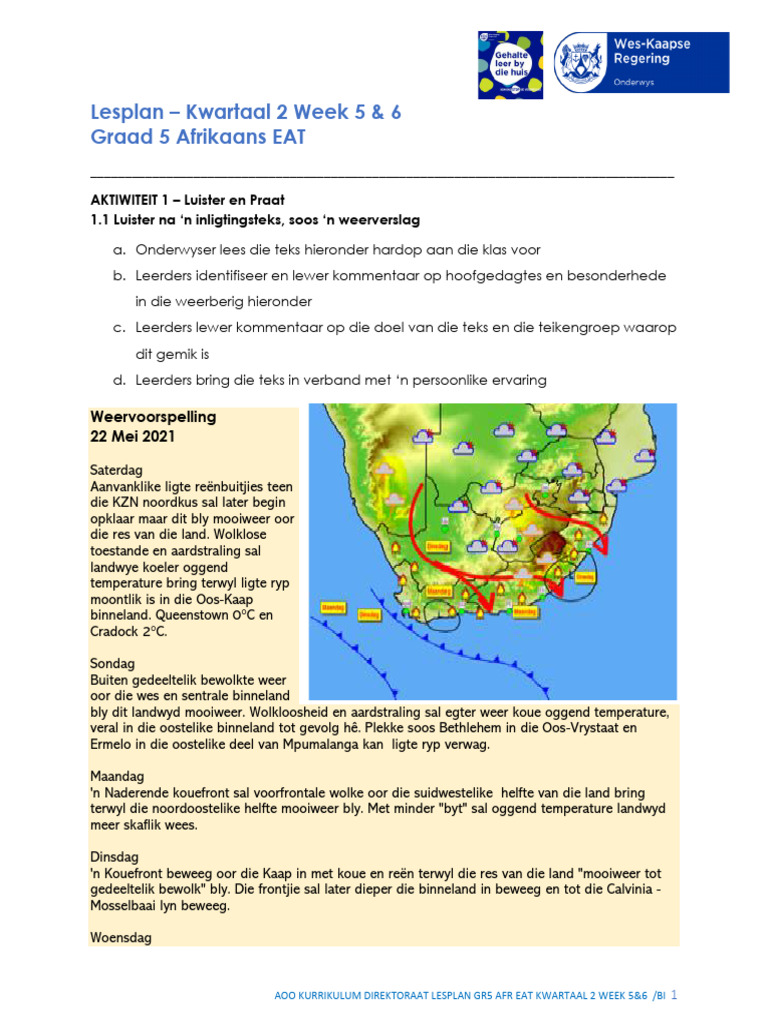 Lesplan Gr5 Afrikaans EAT Kw2 W5&6 | PDF