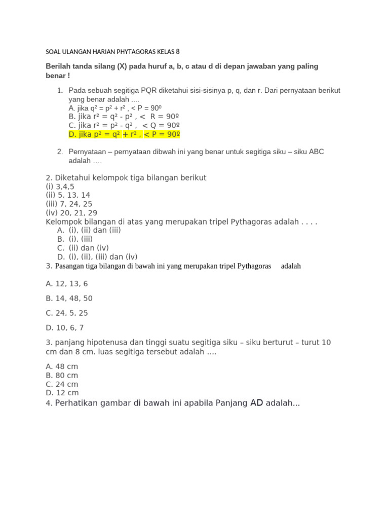 Soal Ulangan Pythagoras Kelas 8 | PDF