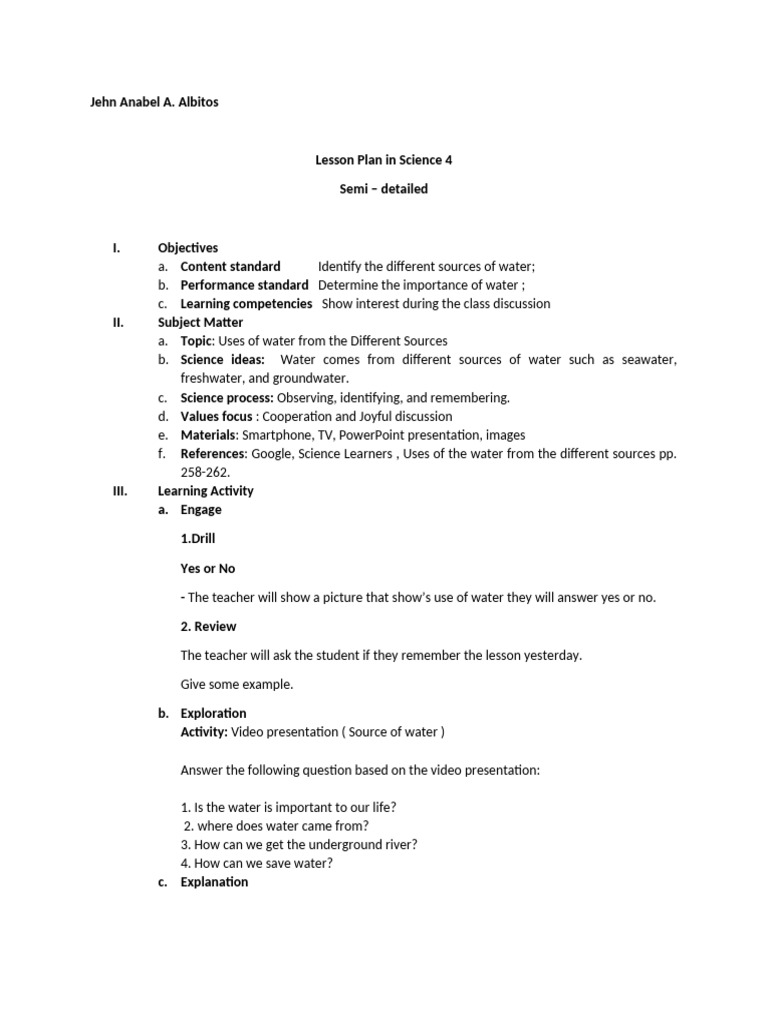 Lesson Plan in Science 4 | PDF | Water | Stream