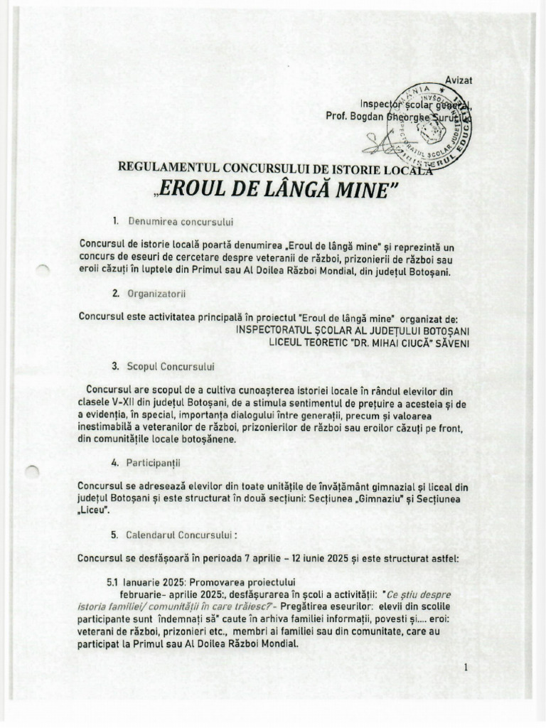 Regulament Concurs "Eroul de Lângă Mine" 2025 | PDF