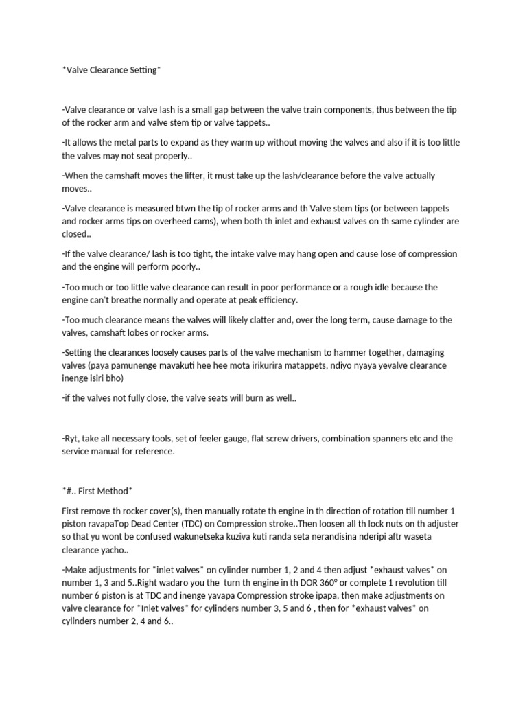 Valve Clearance Setting | PDF | Engines | Internal Combustion Engine