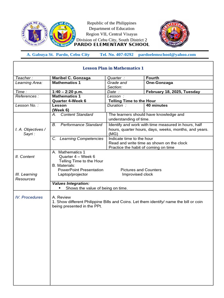 GONZAGA LESSON PLAN Math 4TH | PDF | Learning | Cognition