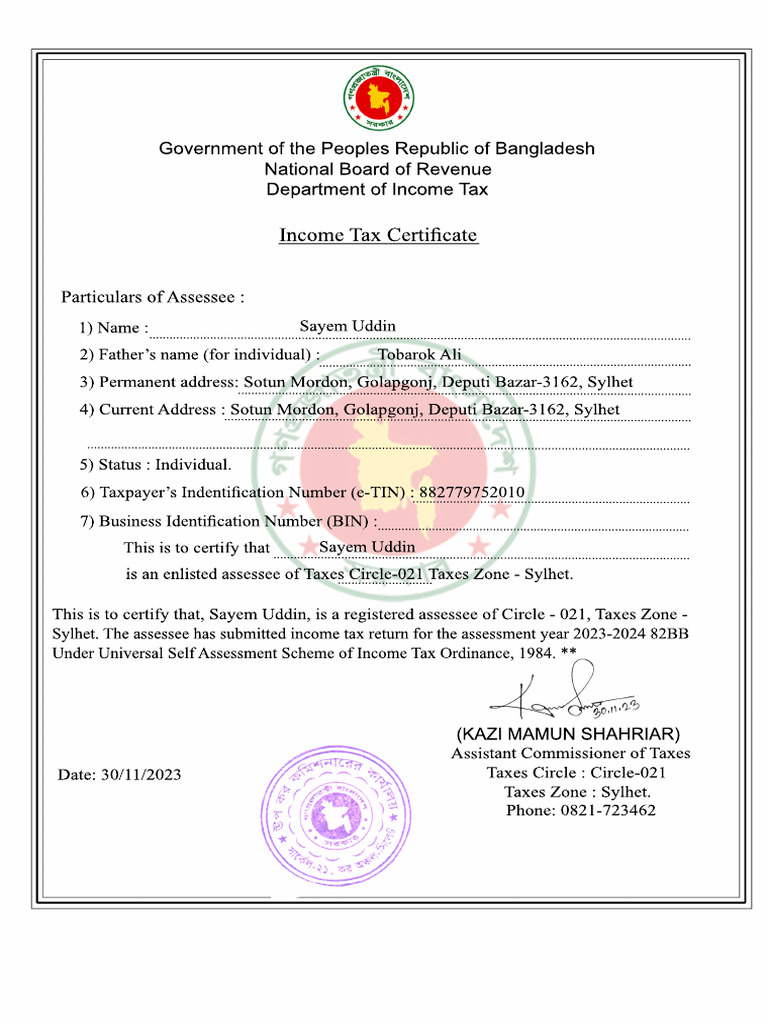 Tax Return Certificate (Sylhet) | PDF | Neutron | Nuclear Power Stations