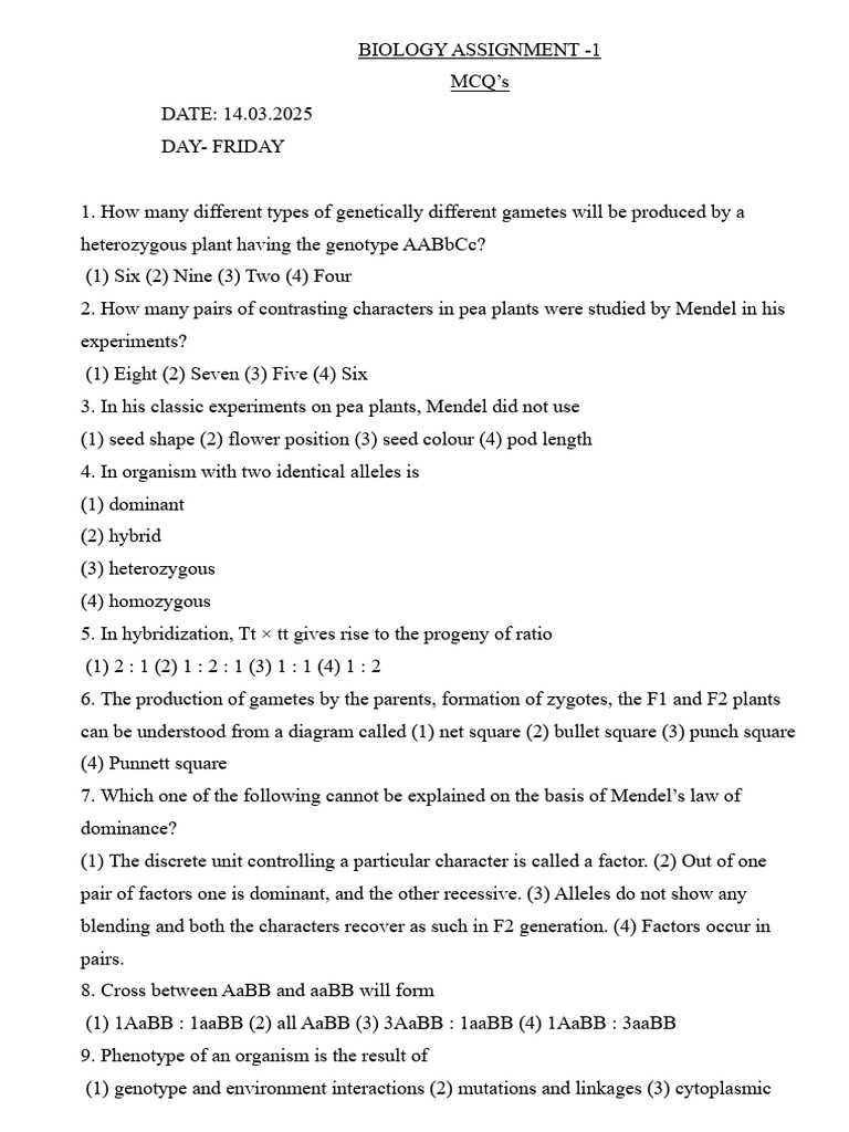 XII-BIOLOGY ASSIGNMENT 1-MCQ (2) | PDF | Dominance (Genetics) | Genotype