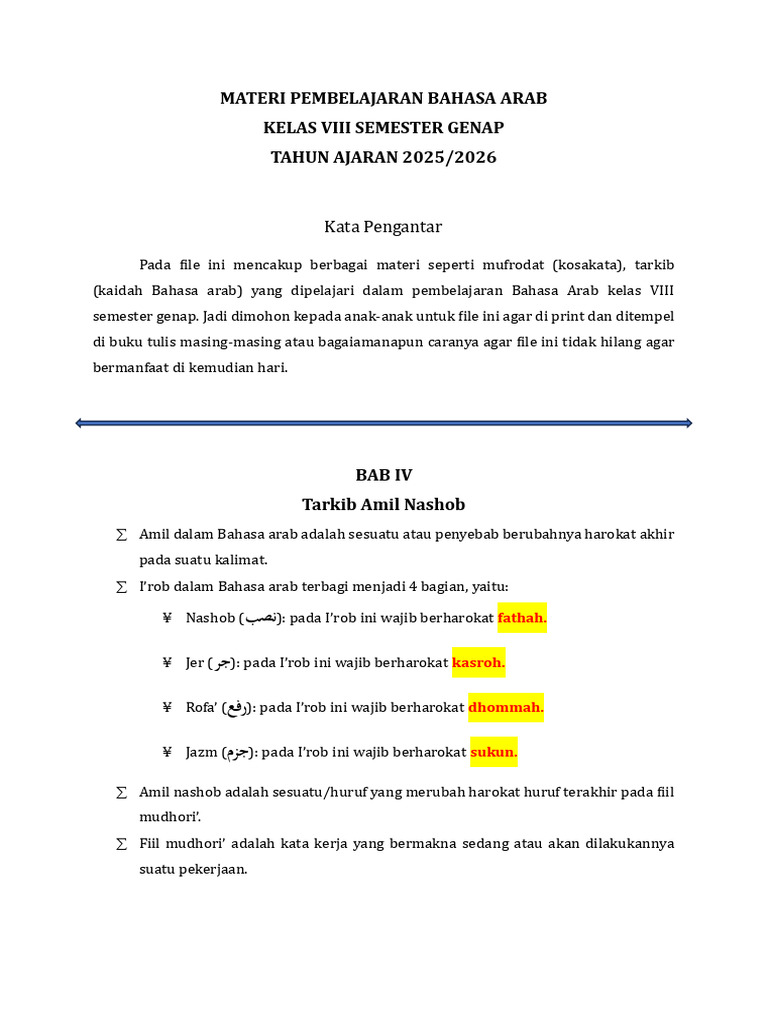 Materi Pembelajaran Bahasa Arab Kelas Viii | PDF