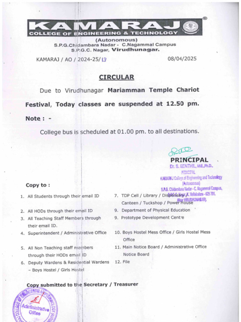 Today Classes Suspended Circular | PDF