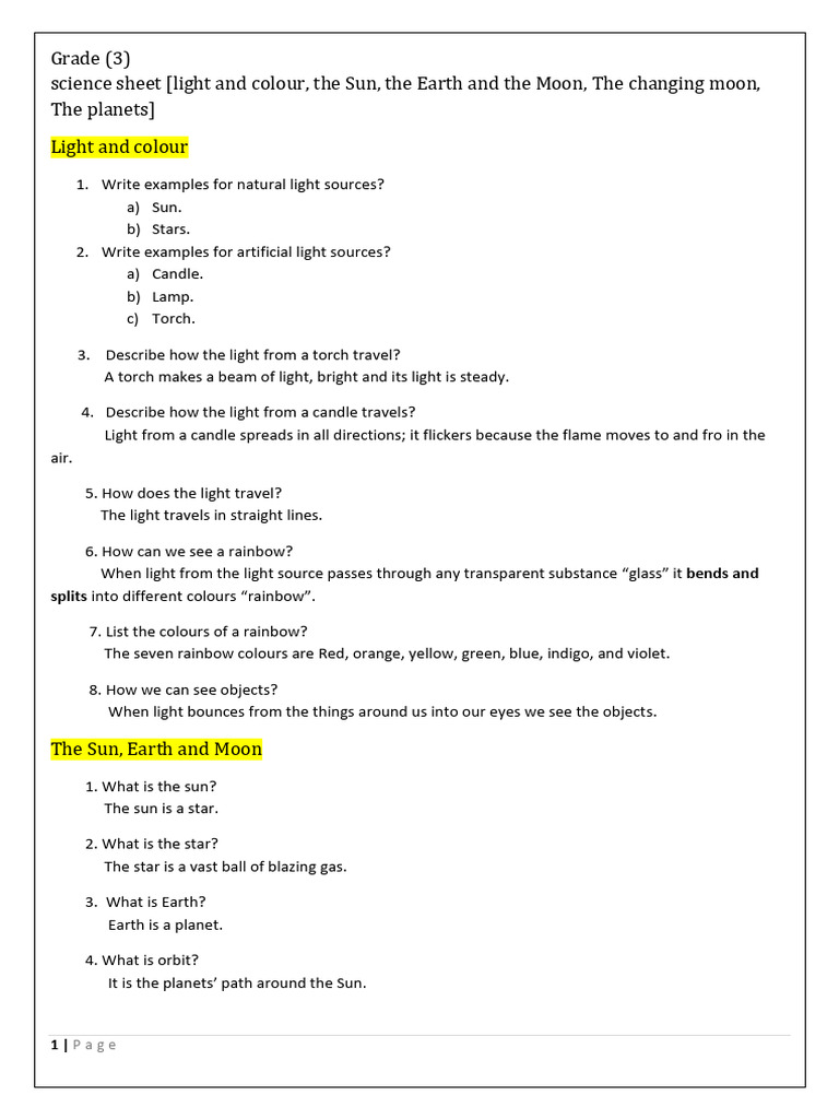 Grade 3 Science: Light, Sun, Earth, Moon | PDF | Planets | Solar System