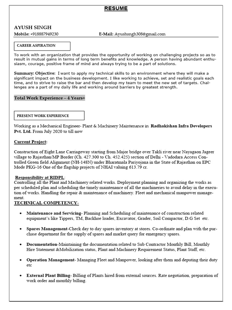CV Ayush Singh Engr Mech 04 Yrs | PDF