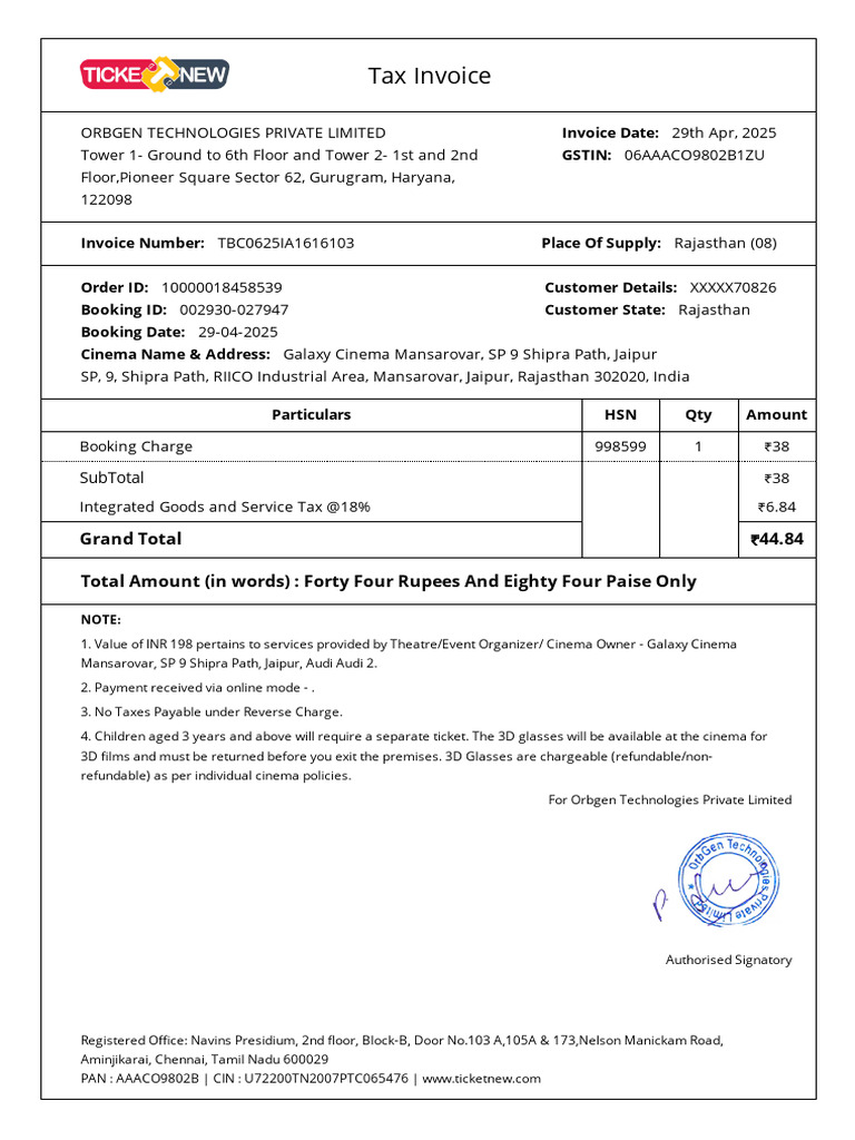 Charges Invoice - Order 10000018458539 - Ticketnew | PDF | Economy Of ...