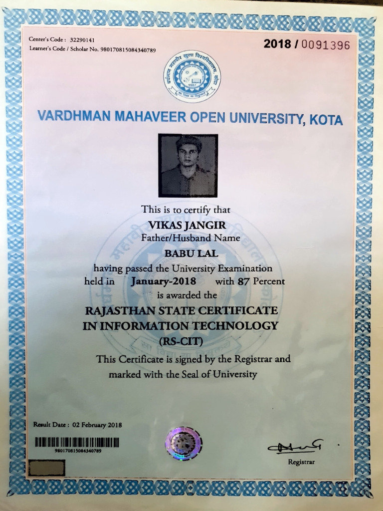 RS-CIT Certificate for Vikas Jangir | PDF