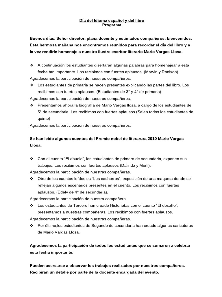 Día Del Idioma Español y Del Libro - Programa. | PDF