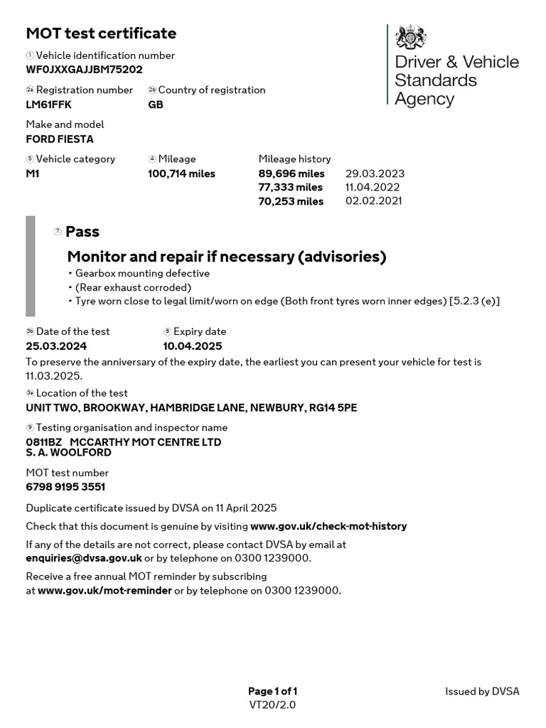 MOT Test Certificate for Ford Fiesta | PDF