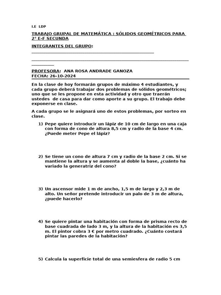 Actividad Grupal de Matemátic para 2°e-F - Iv Bimestre | PDF