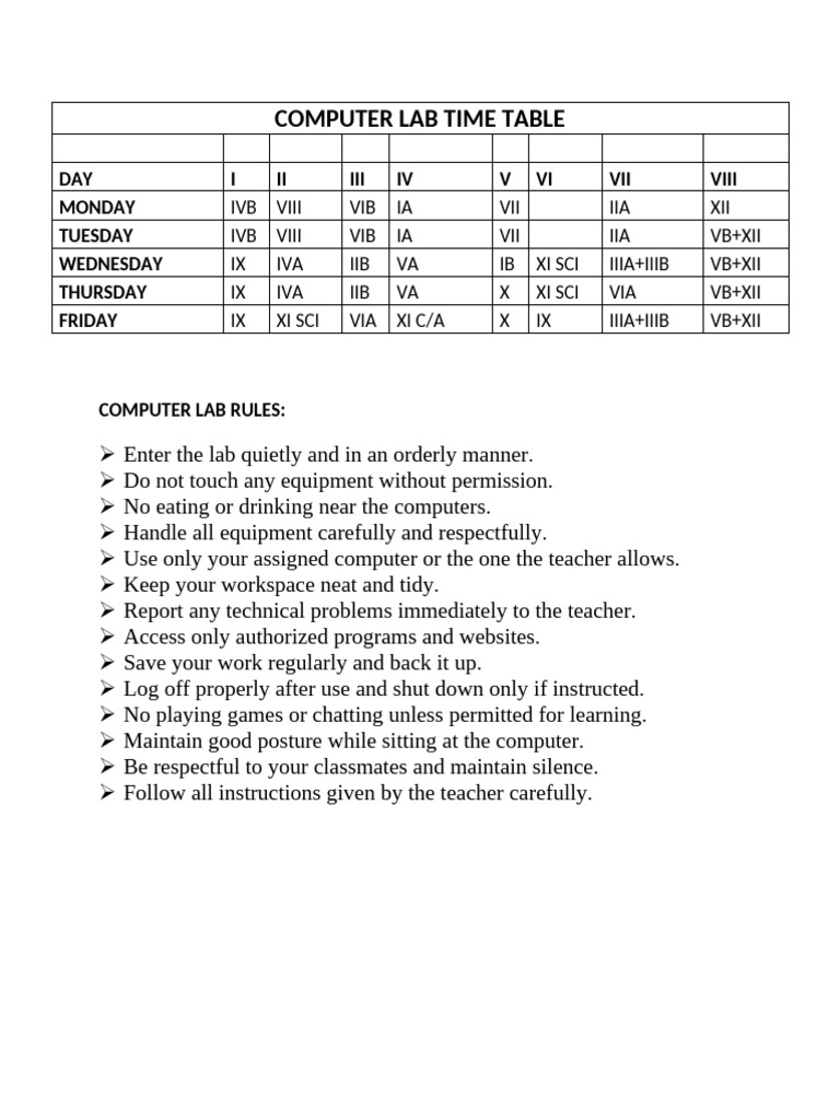 COMP LAB TIME TABLE | PDF