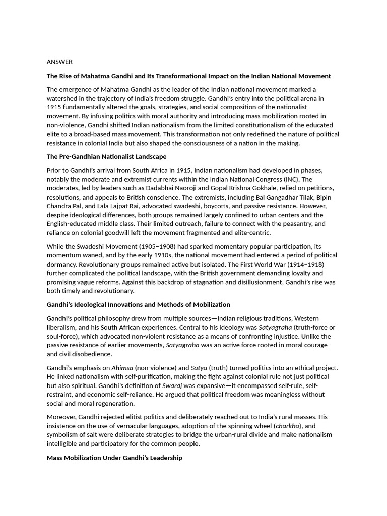 ANSWER The Rise of Mahatma Gandhi and Its Transformational Impact on ...