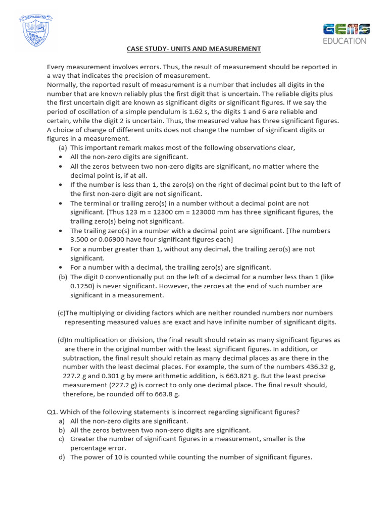 CASE STUDY - Units and Dimensions | PDF | Significant Figures | Numbers
