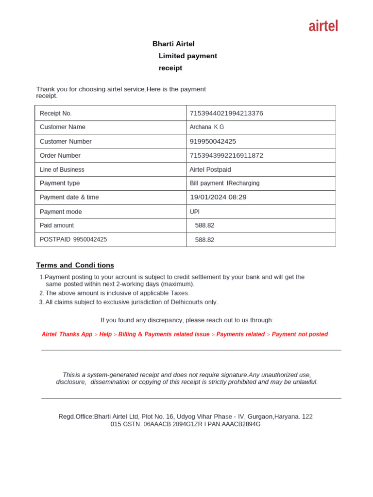 Airtel Receipt | PDF