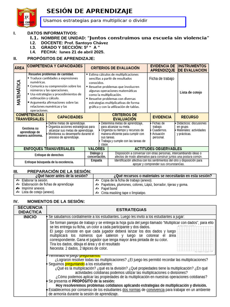 MATEMÁTICA - Estrat Multip-Divid 21-04-25 | PDF | División (Matemáticas) | Evaluación
