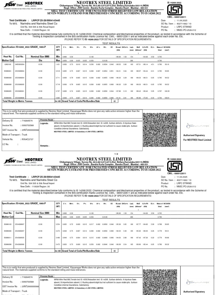 MTC - D-2526-106 12-04-2025 | PDF | Steel