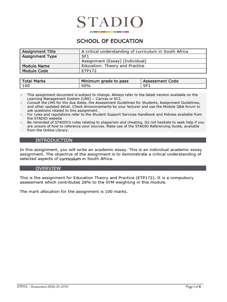 STADIO Assignment Template ETP172 - SF1 2025-3 | PDF | Curriculum ...