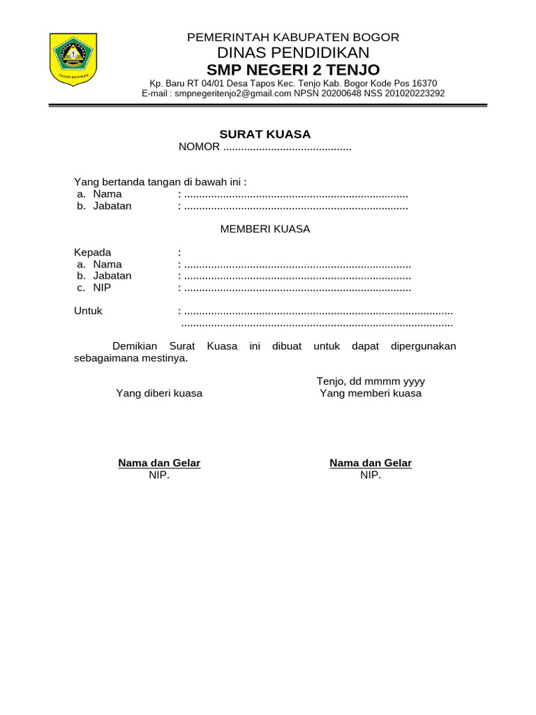 Surat Kuasa SMP Negeri 2 Tenjo | PDF