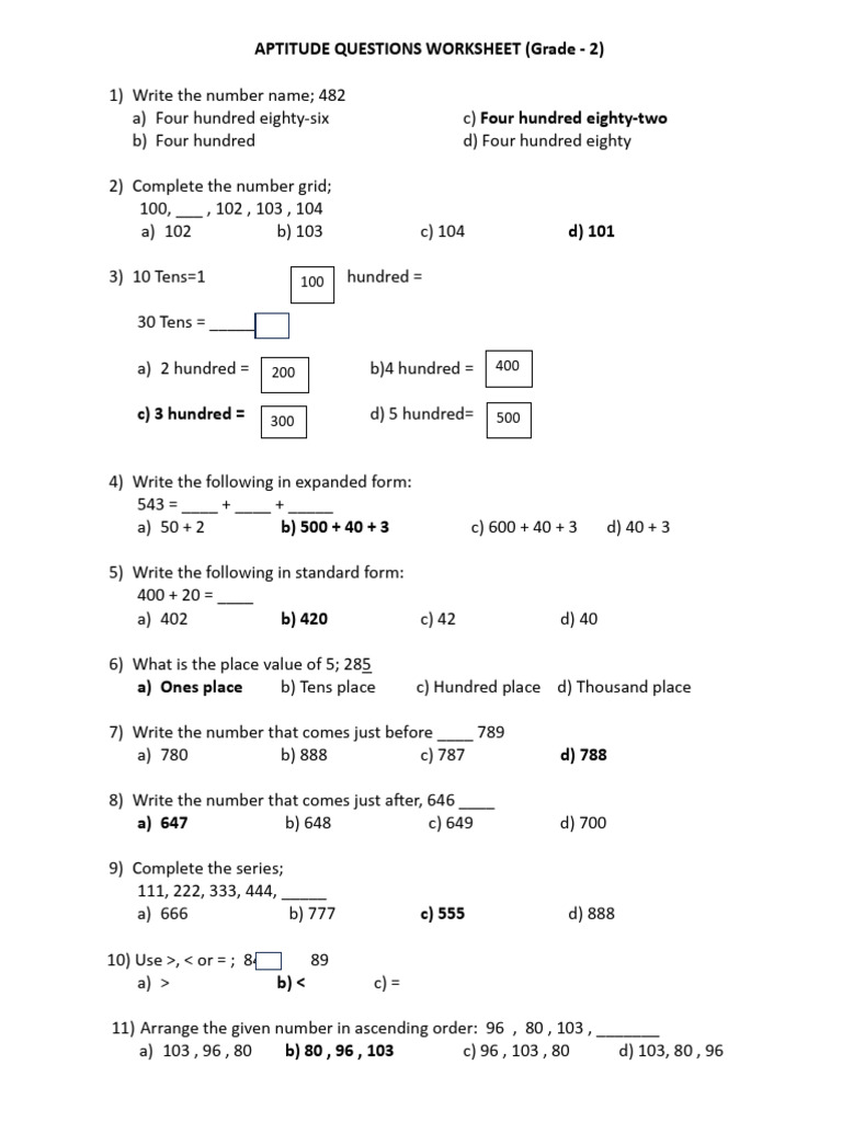 Grade 2 Aptitude Questions Worksheet | PDF | Educational Assessment And ...